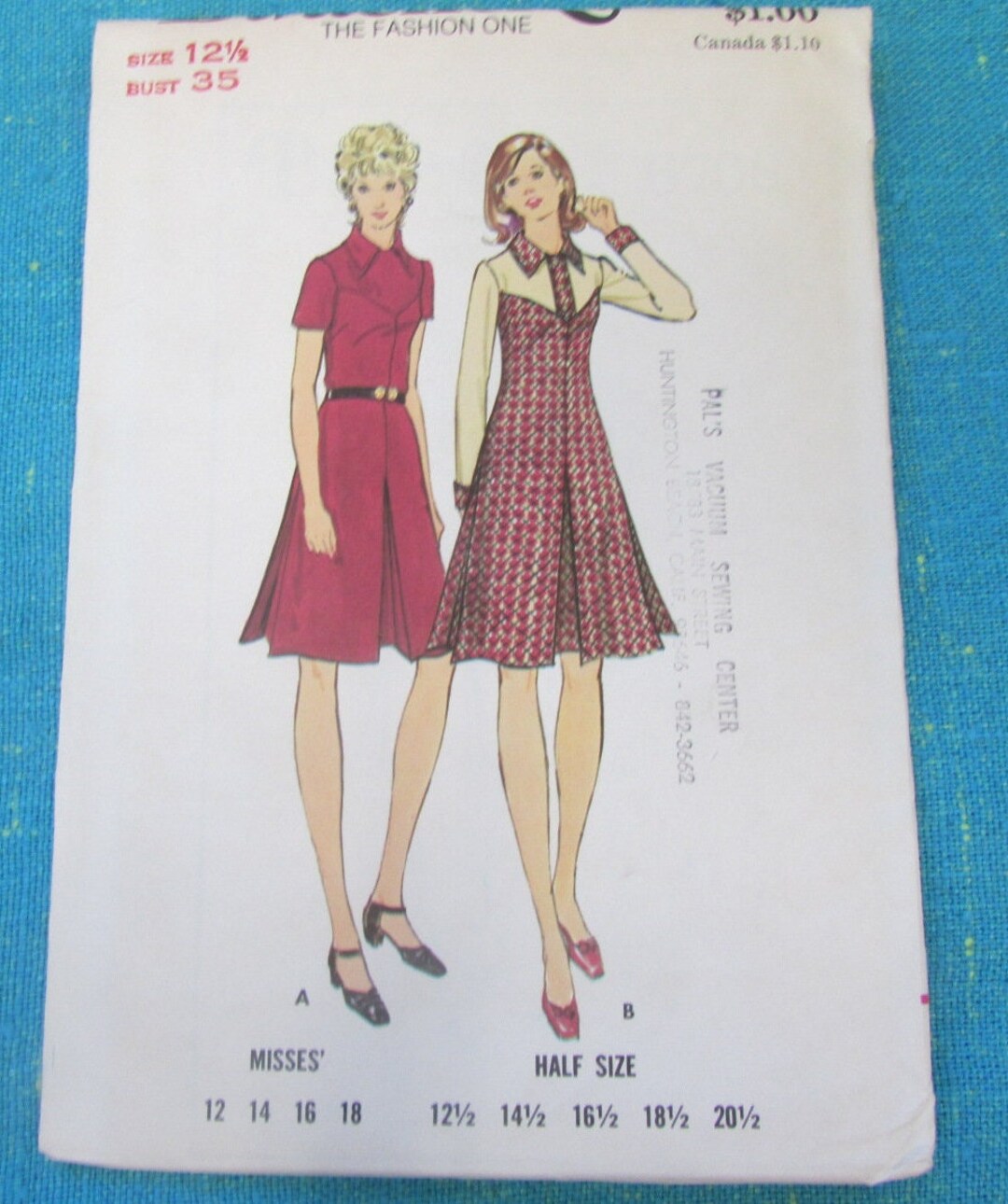 RARE 1970's Butterick Sewing Pattern 6798 Misses Half Size Semi-fitted ...