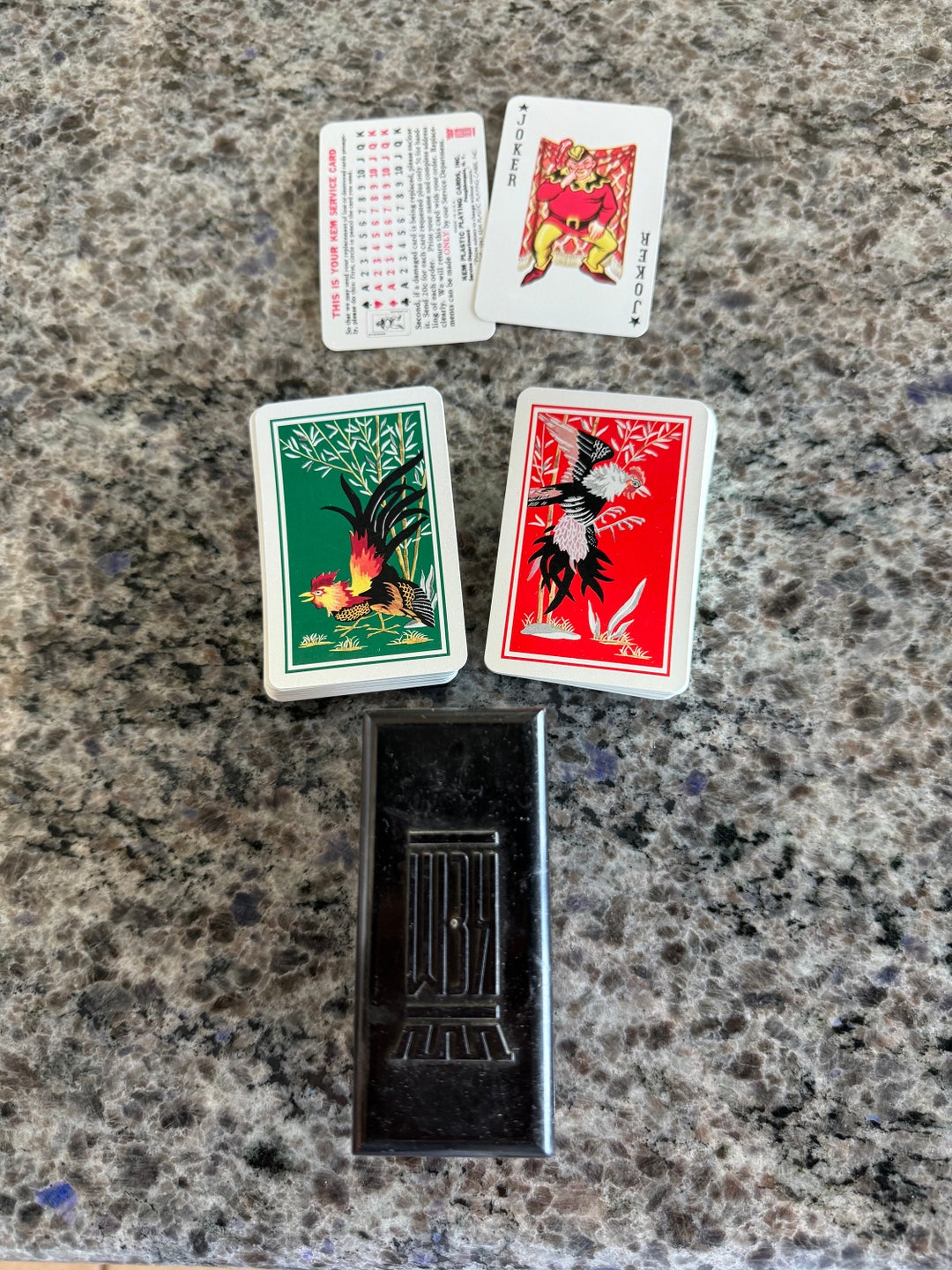 1950’s Vintage KEM Red & Green Roosters With Black Plastic Playing Card ...