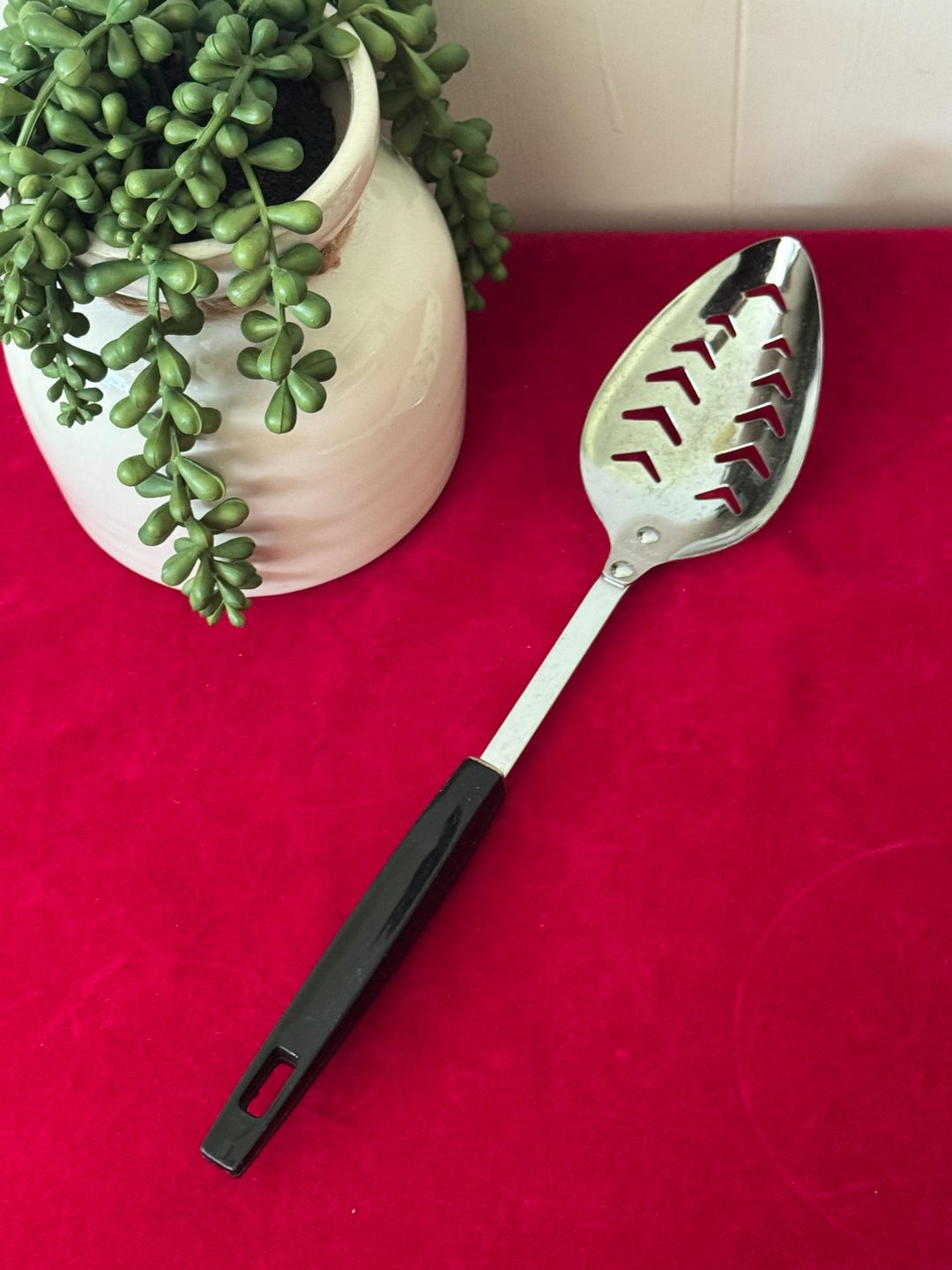 Vintage ANDROCK Slotted Stainless Spoon With Black Plastic Handle 12 ...