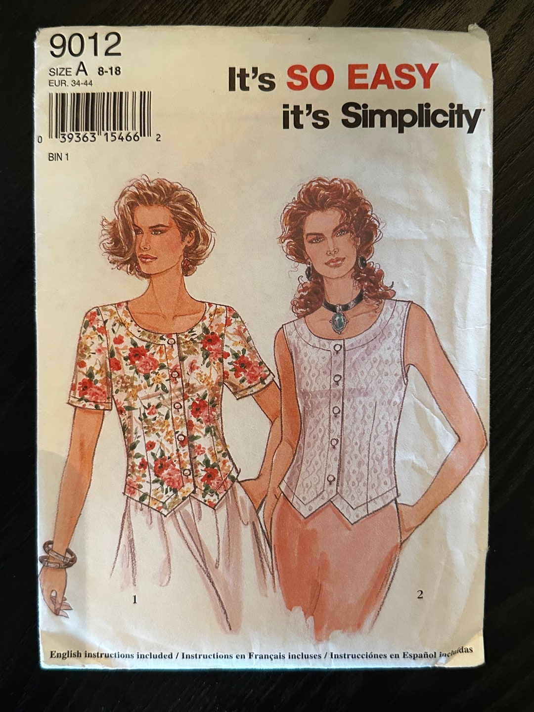 1994 Simplicity 9012 Misses Button Front Vest Look Blouse Top Sizes 8 ...