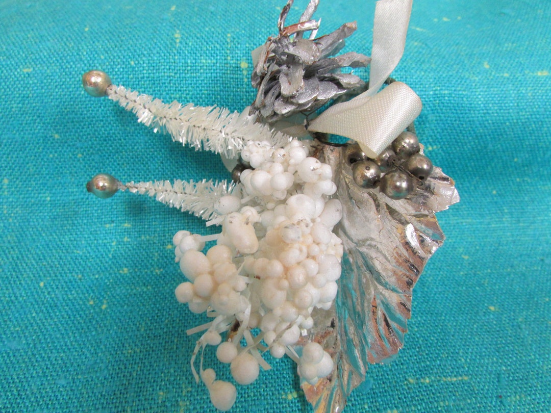 Vintage Winter White Christmas Corsage With Bottle Brush White Trees ...