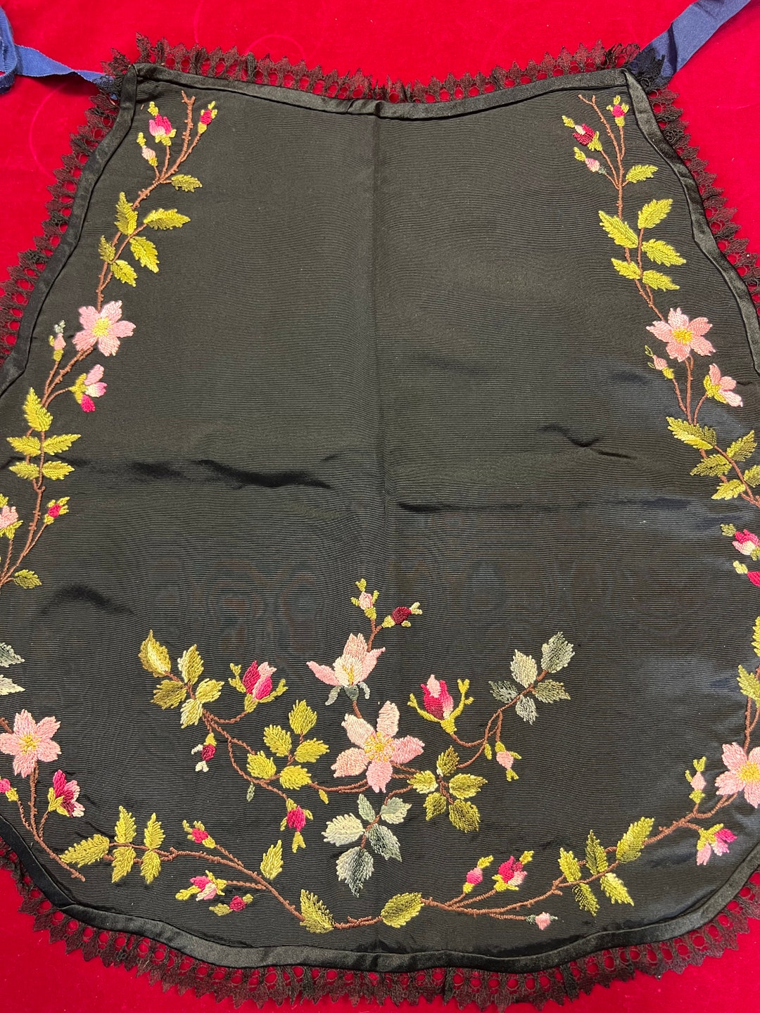 True Victorian Antique 1900’s Black Satin Floral Embroidered Half Apron ...