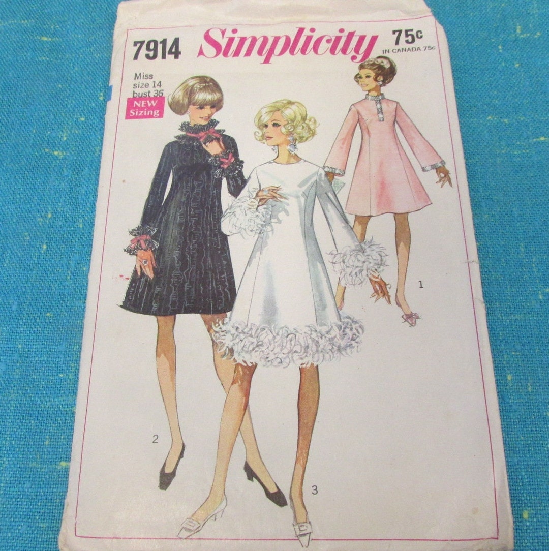 1968 Simplicity Sewing Pattern 7914 Misses A-line Dress Princess Seaming and Bell Shaped Sleeves ...