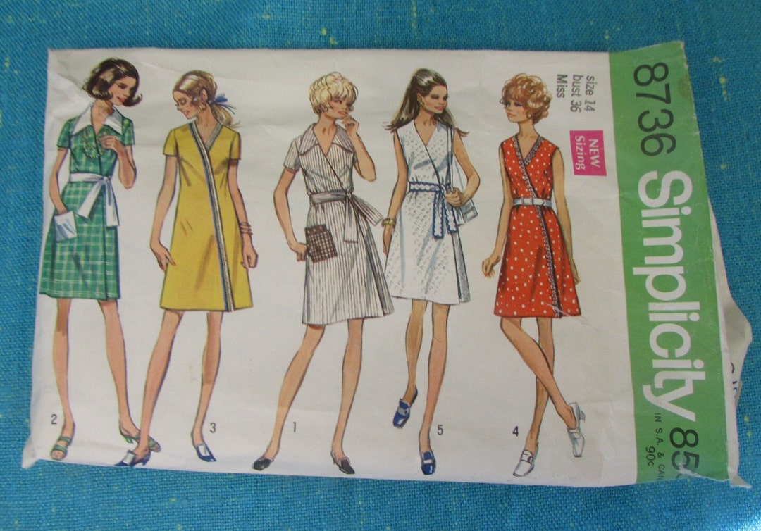 RARE 1970 Simplicity Sewing Pattern 8736 Misses Front Wrap Dress V ...