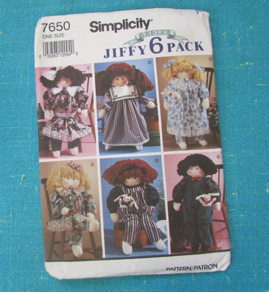 1991 Simplicity Sewing Pattern 7650 Misses JIFFY 6 Pack Stuffed Doll ...