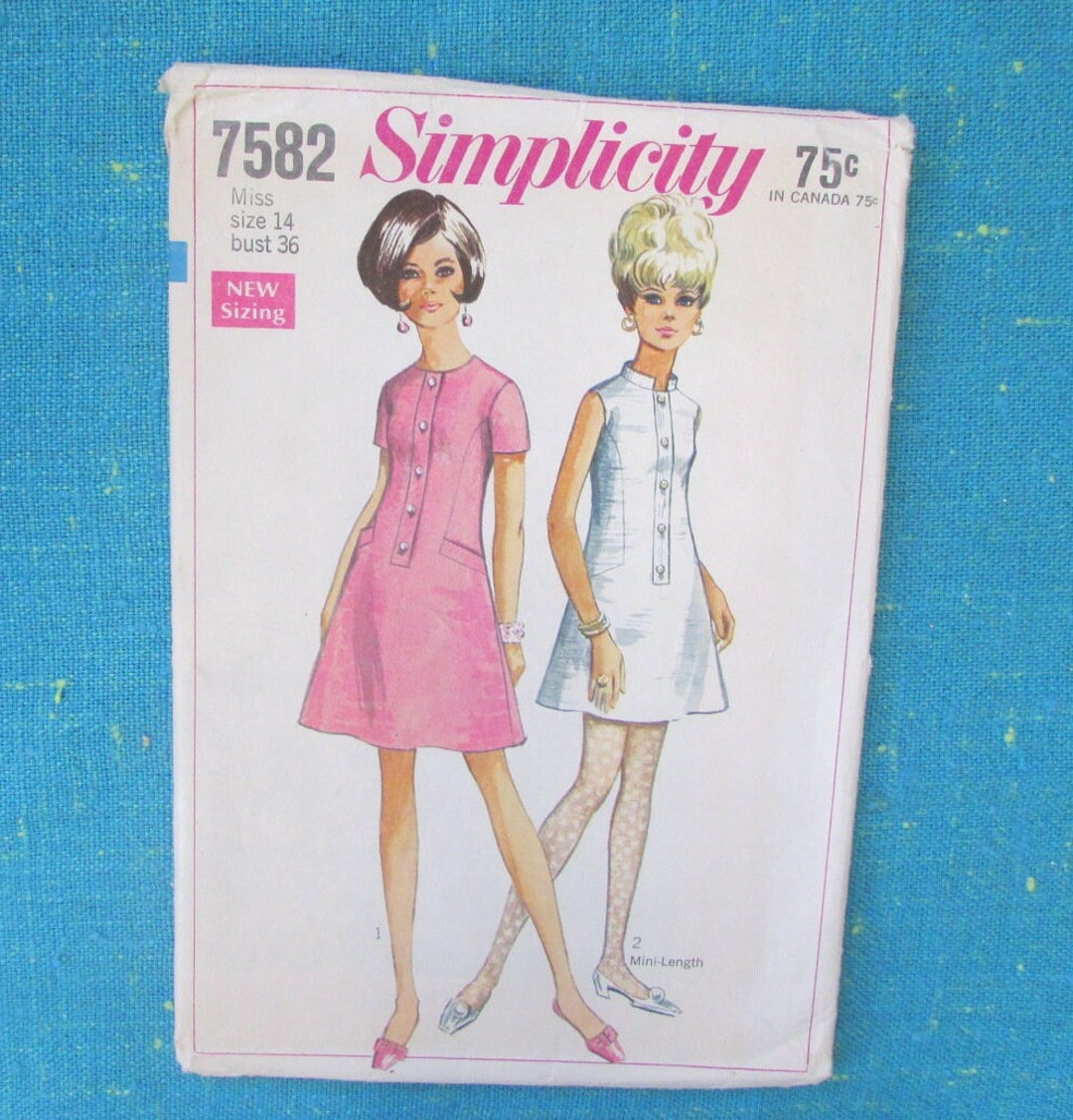 RARE 1968 Simplicity Sewing Pattern 7582 Misses MOD Front Button Mini ...