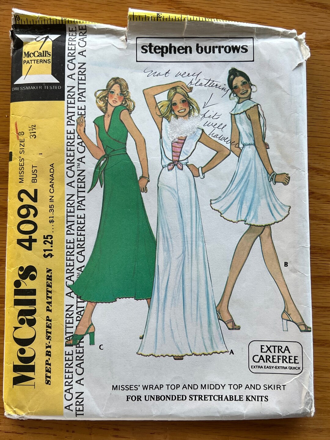 1974 Mccall's Sewing Pattern 4092 Stephen Burrows Misses Stretch Knit ...