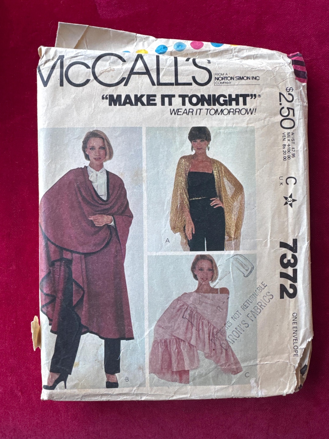 1970's Mccalls 7372 Sewing Pattern Wrap Shawl 3 Styles Size ONE SIZE ...