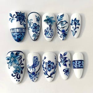 Blue Porcelain Press on Nails, Chinese Ceramic Nail Art, Vintage Blue ...