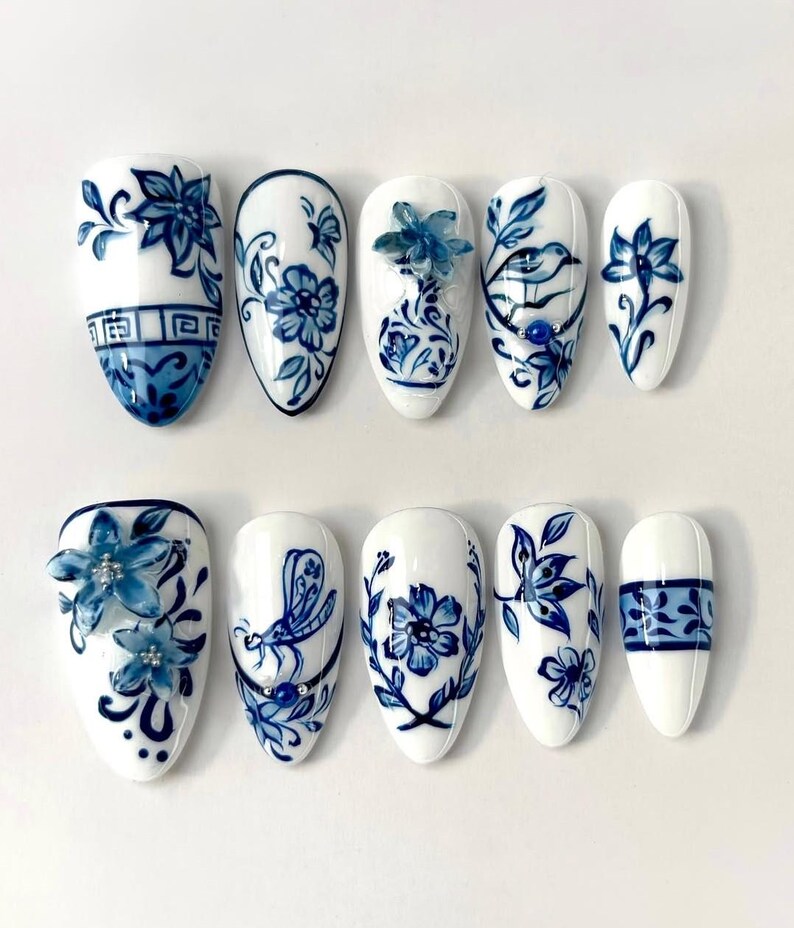 Blue Porcelain Press on Nails, Chinese Ceramic Nail Art, Vintage Blue ...