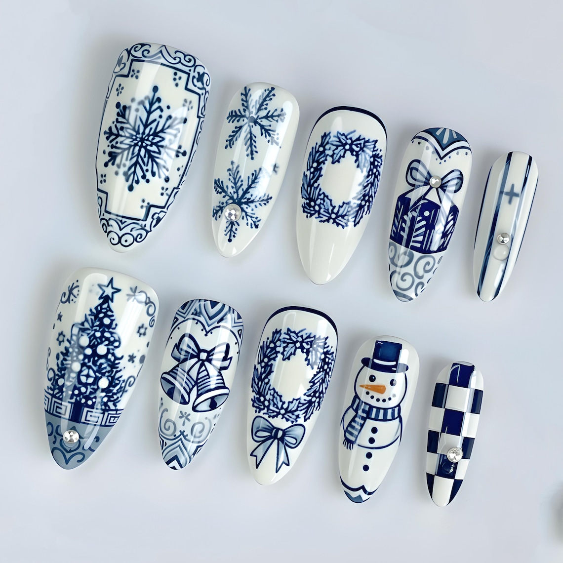 Blue Porcelain Christmas Press on Nails, Hand Painted Winter Nail Art ...
