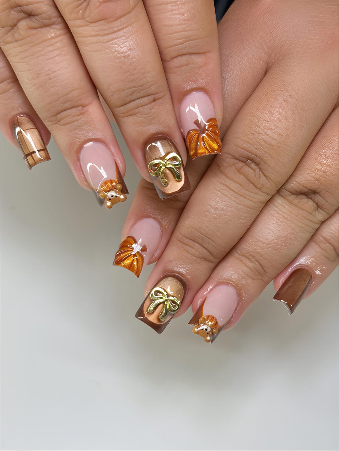 Brown Fall Press on Nails, 3D Gold Bow and Teddy Bear Charm Nail Set ...