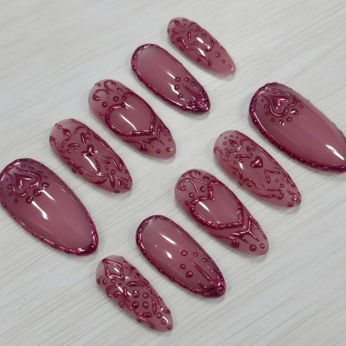 Romantic Embossed Heart Press on Nails, Deep Rose 3D Carved Details ...