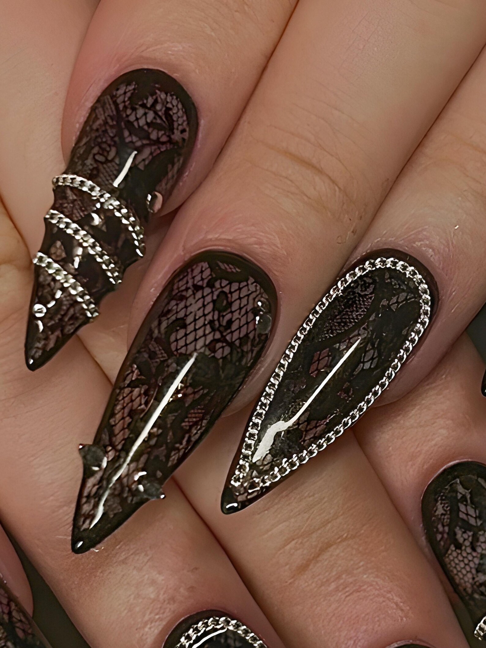Black Lace Press on Nails, Gothic Luxury Nails, Black Lace Nail Set ...