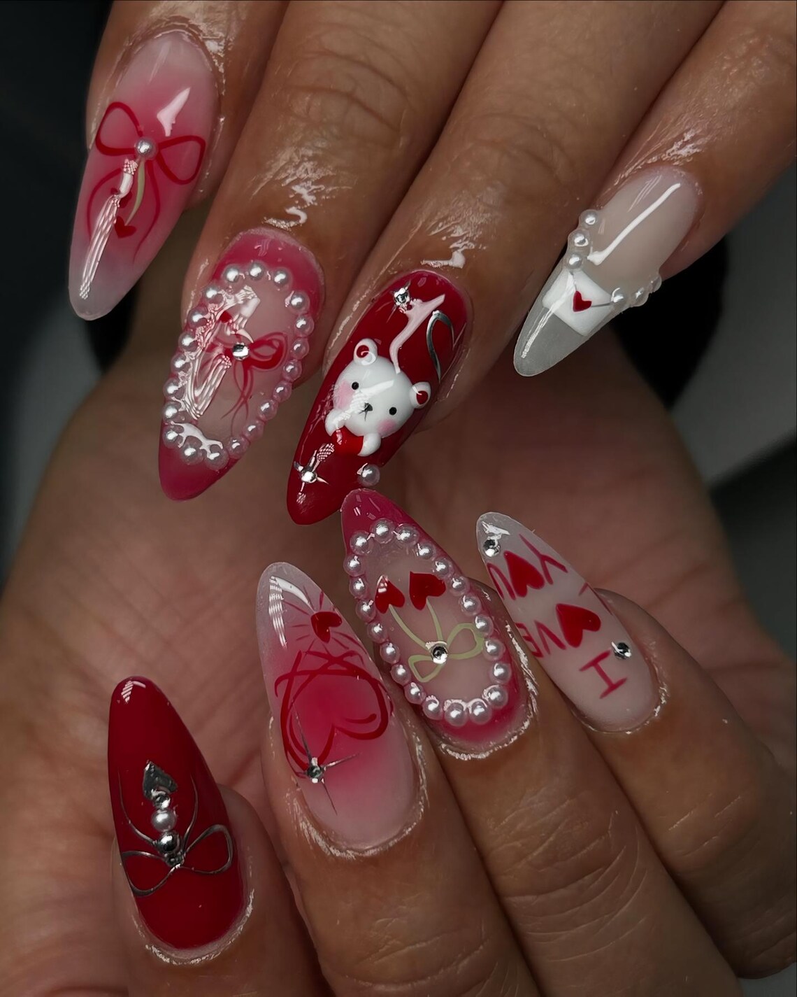 Sweet Love Press on Nails, Romantic Red & Pink Nails With Heart Bow and ...