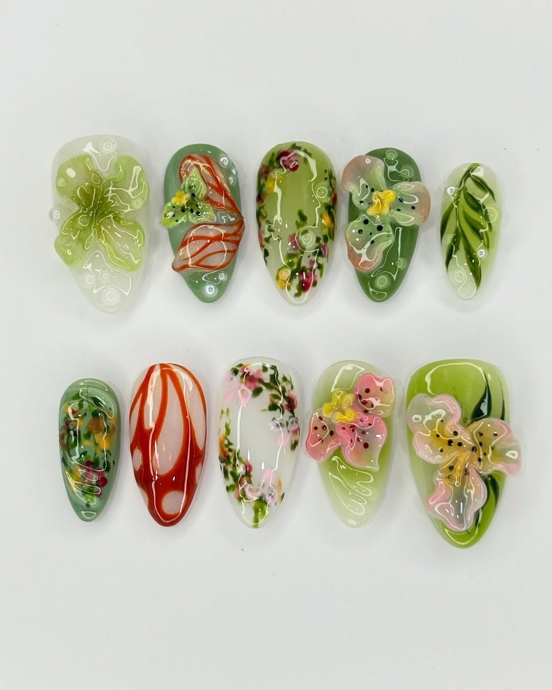 3D Floral Green Nail Art, Handmade Nature Nails, Green Garden Nails ...