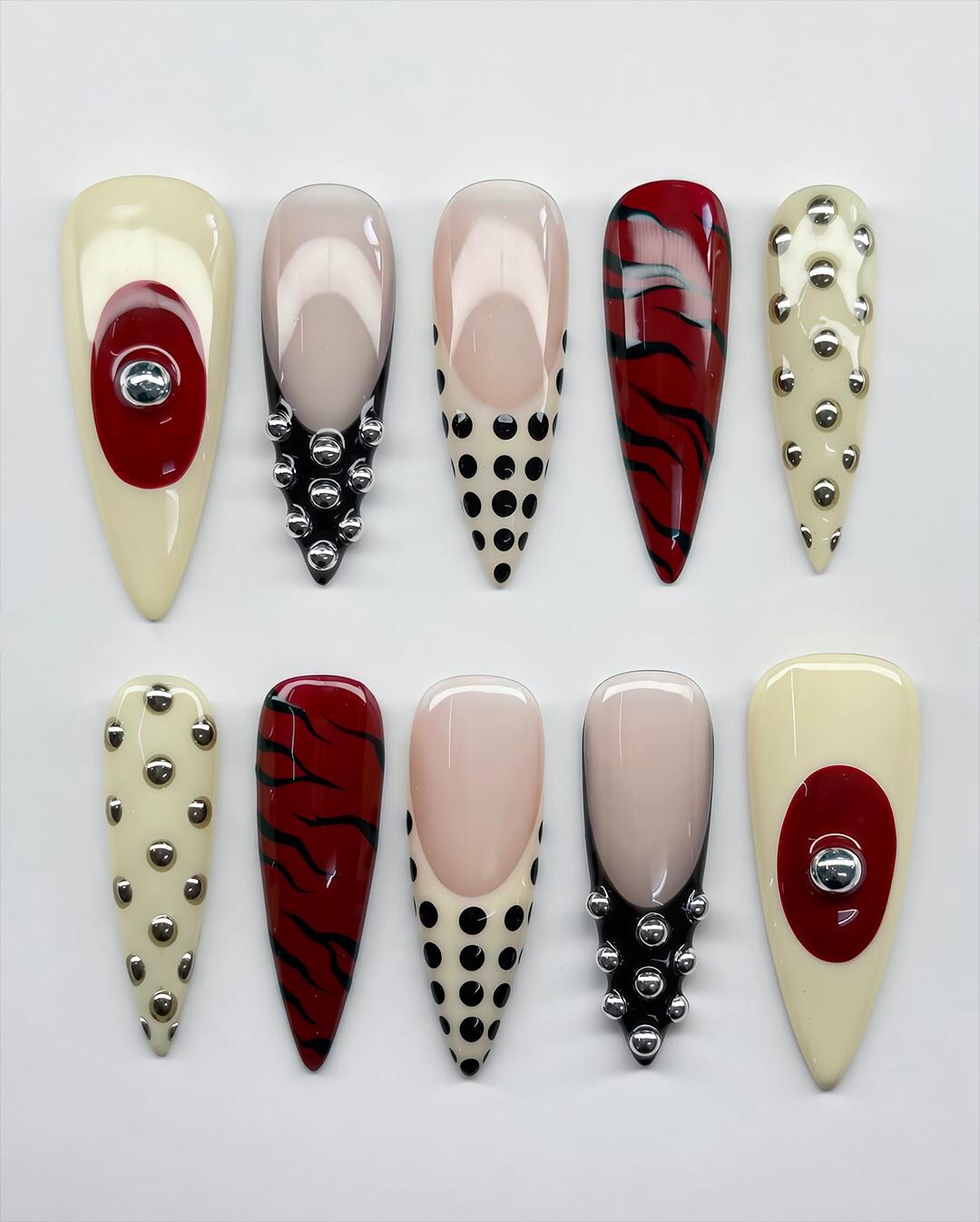 Punk Rock Press on Nails, Red Black Stiletto Nails With Dot, 3D Studded ...