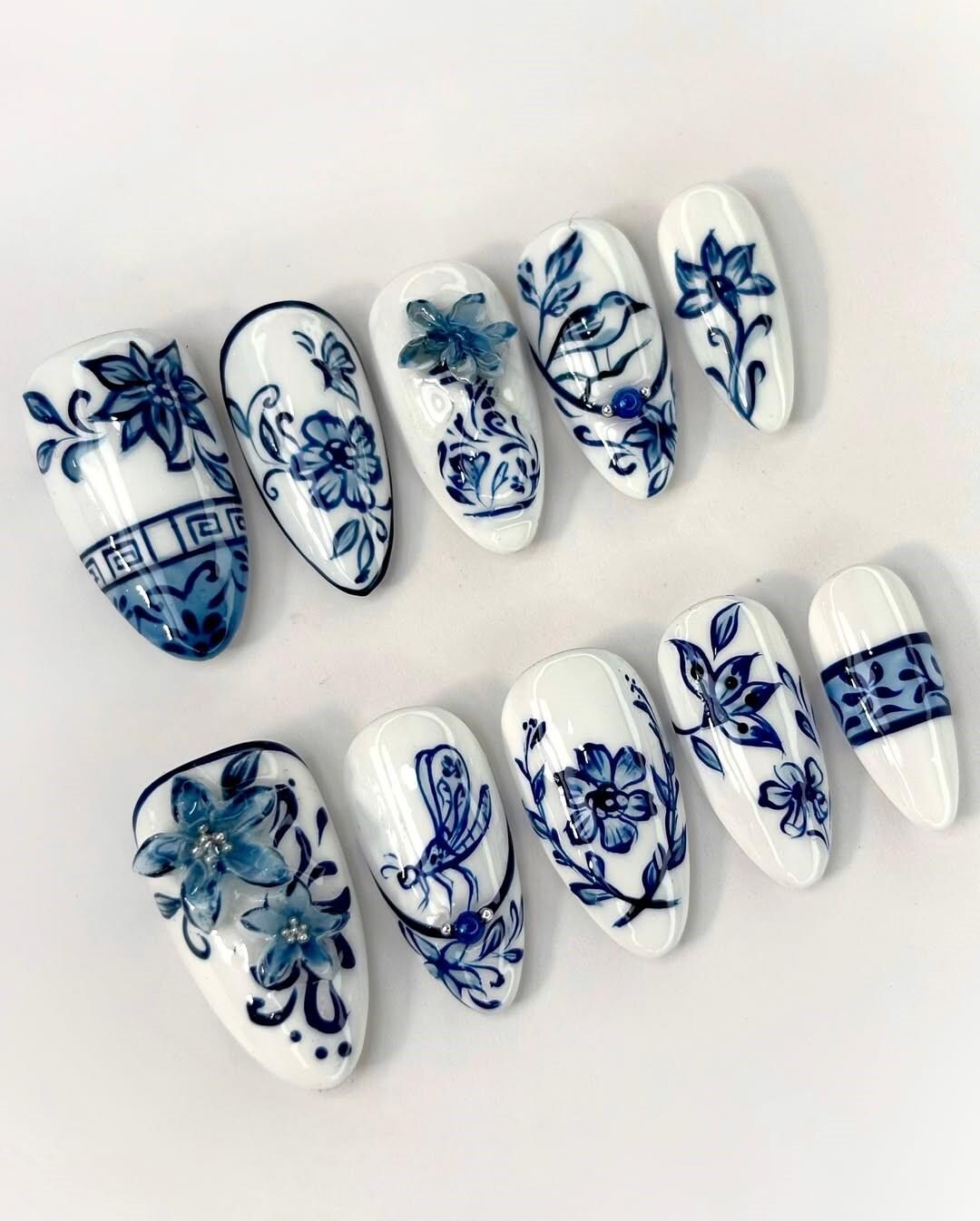 Blue Porcelain Press on Nails, Chinese Ceramic Nail Art, Vintage Blue ...