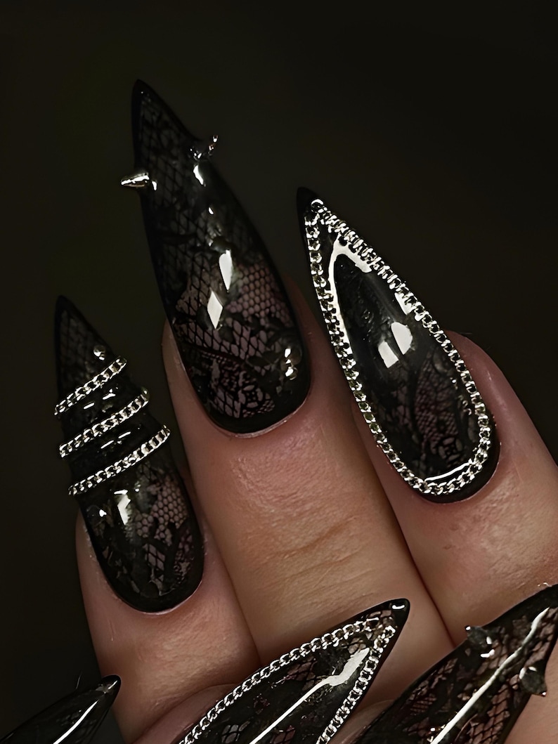 Black Lace Press on Nails, Gothic Luxury Nails, Black Lace Nail Set ...