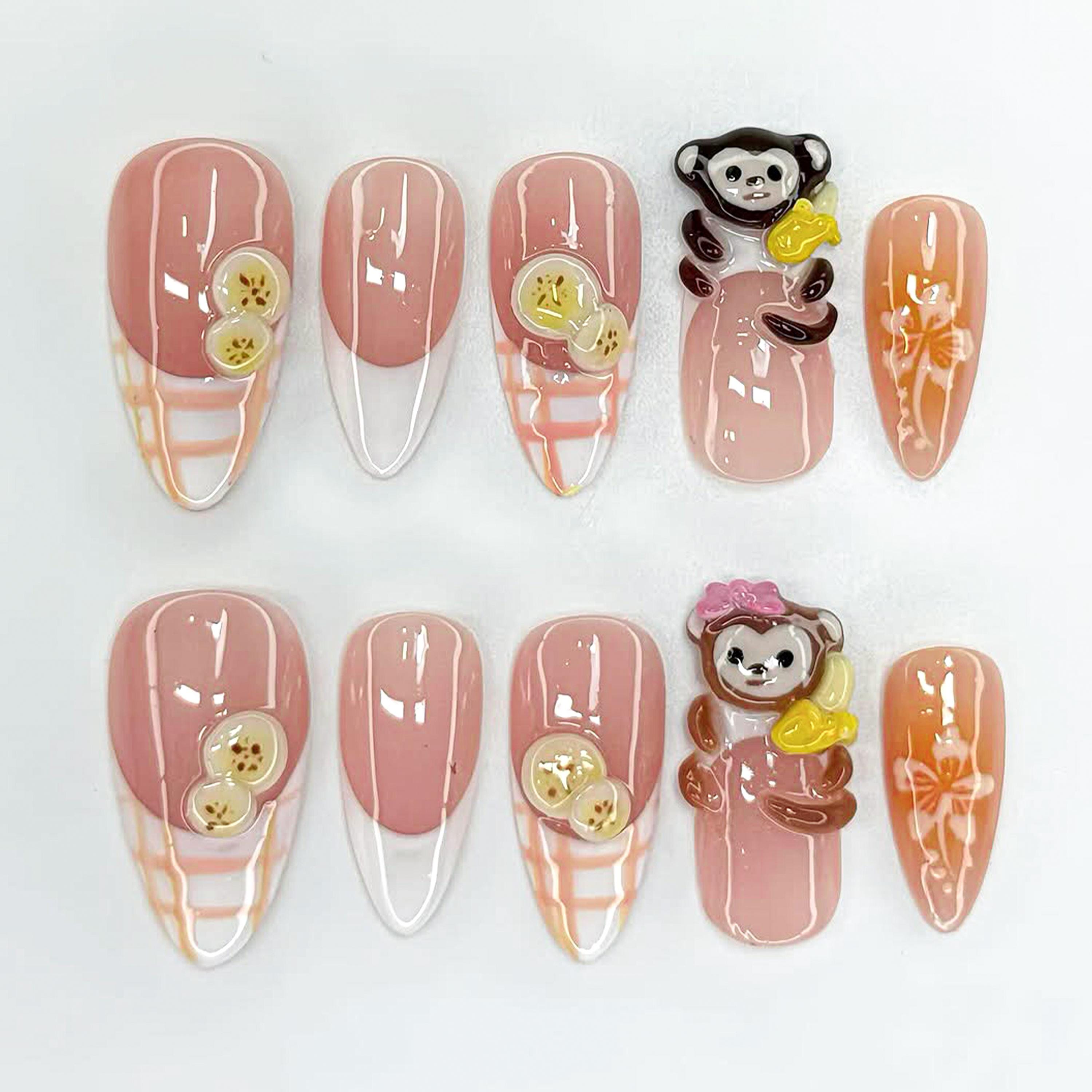 Kawaii Monkey Press on Nails, 3D Banana Cute Nail Art, Pink Fun Cartoon ...