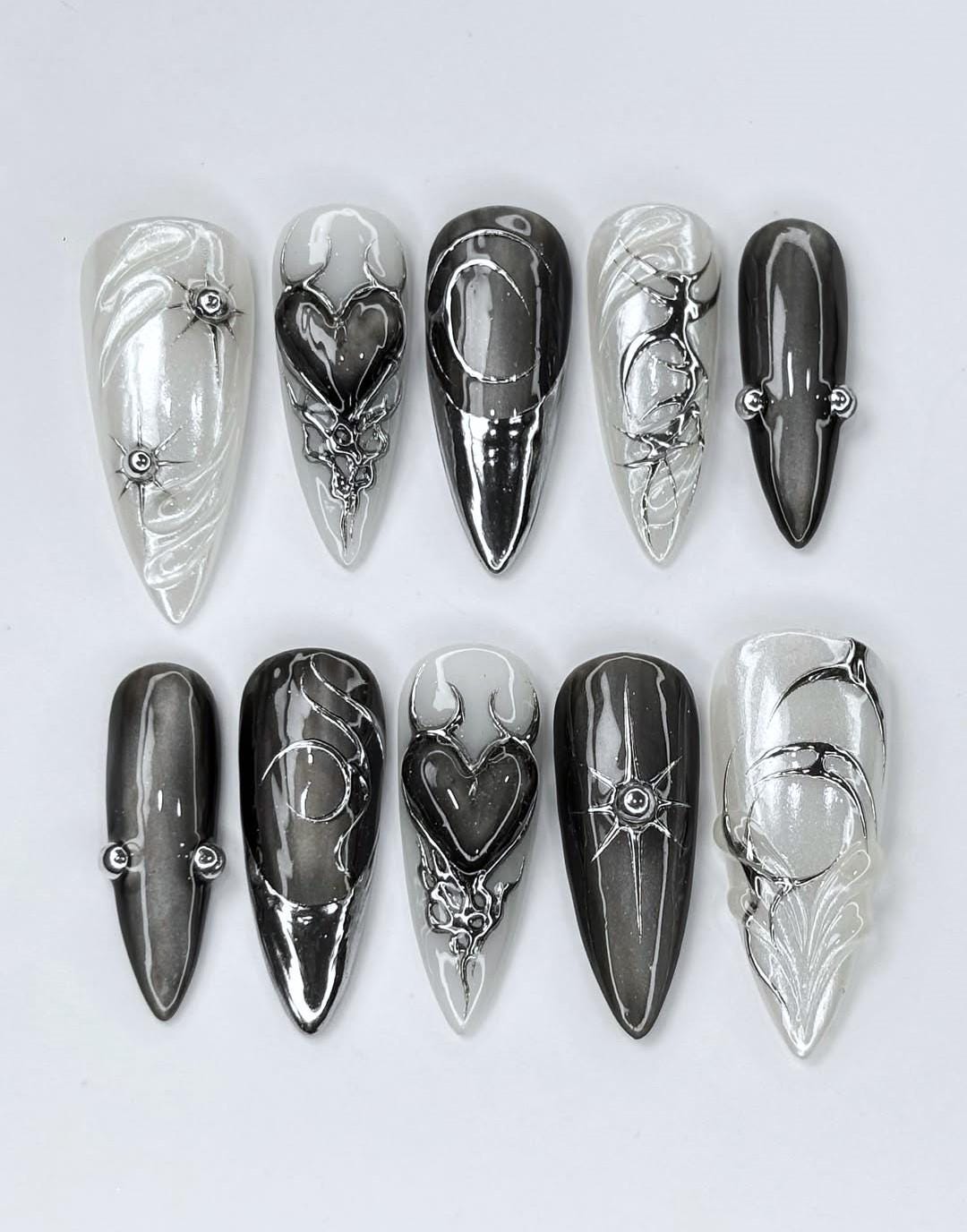 Gothic Chrome Press on Nails, Long Black and Silver Nails With 3D Heart ...
