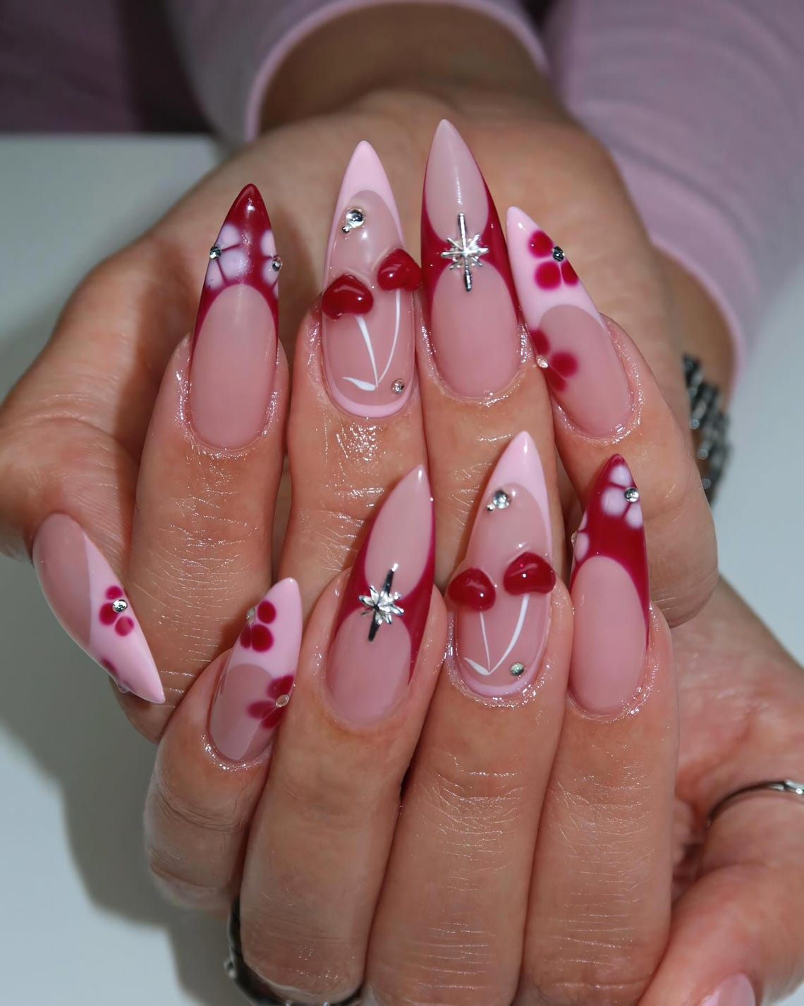 Pink Almond Nails With Red Heart Tips, Soft Blush Base With Rhinestone ...