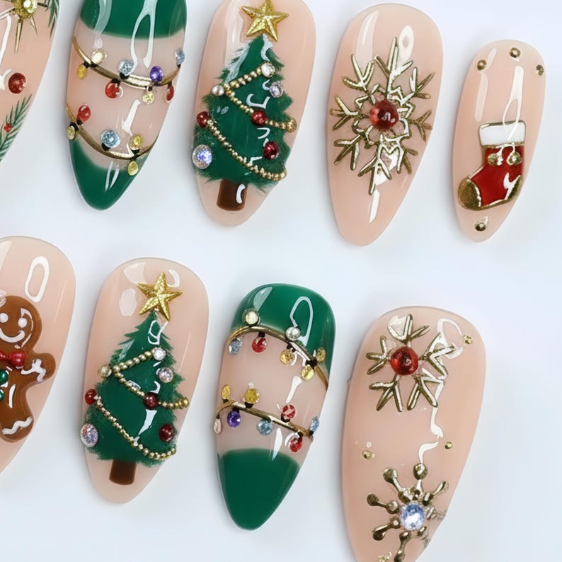Festive Christmas Press on Nails, Handmade 3D Christmas Tree ...