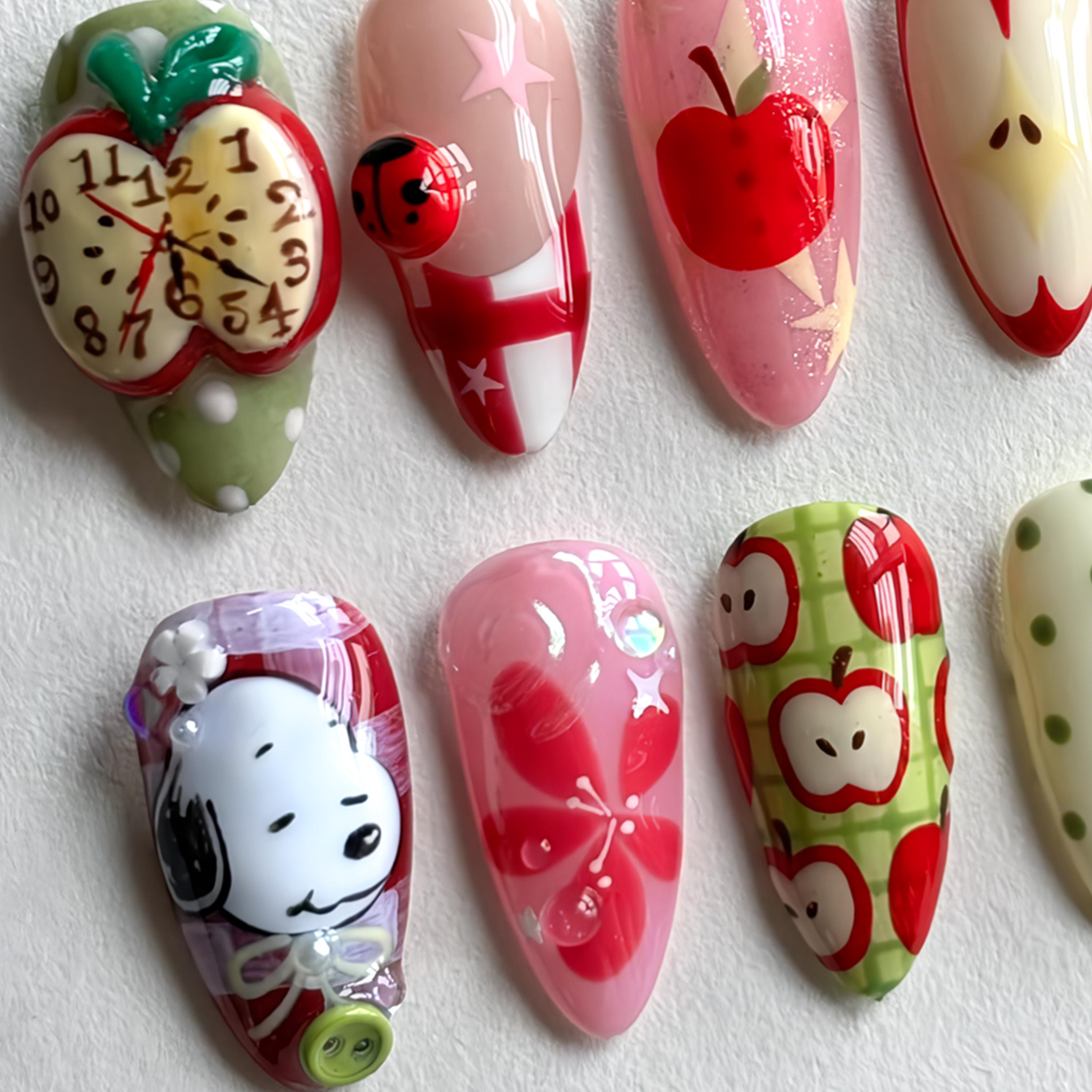 3D Apple Press on Nails, Snoopy Inspired Red Apple Nails, Retro Kawaii ...