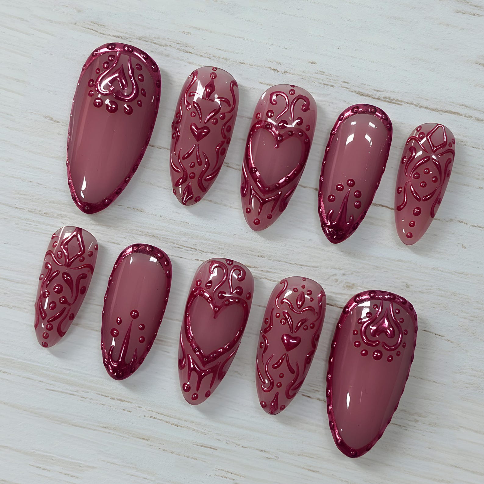 Romantic Embossed Heart Press on Nails, Deep Rose 3D Carved Details ...