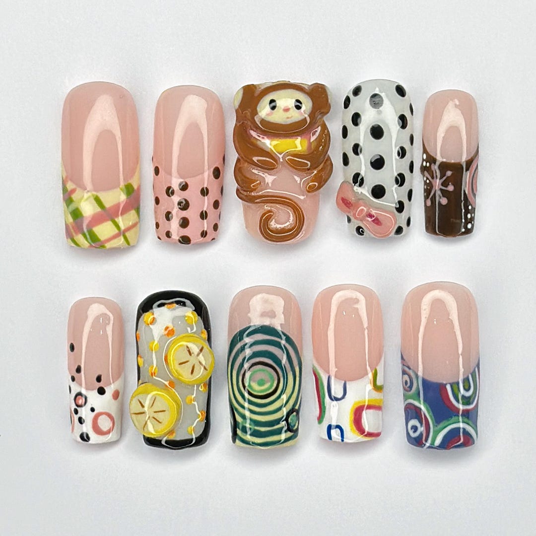 Cute Monkey Press on Nails, Handmade 3D Monkey Nail Art With Polka Dots ...