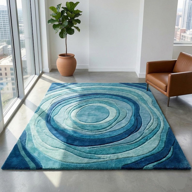 Hand-tufted Blue Contour Wool Rug | Modern Topographic Wave Area Rug ...