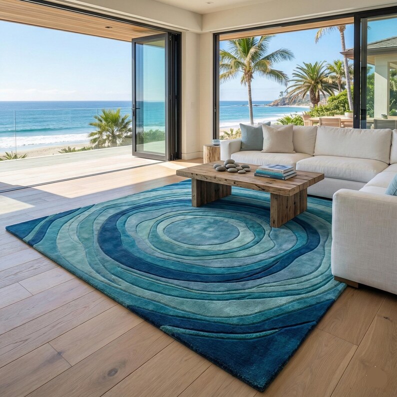 Hand-tufted Blue Contour Wool Rug | Modern Topographic Wave Area Rug ...