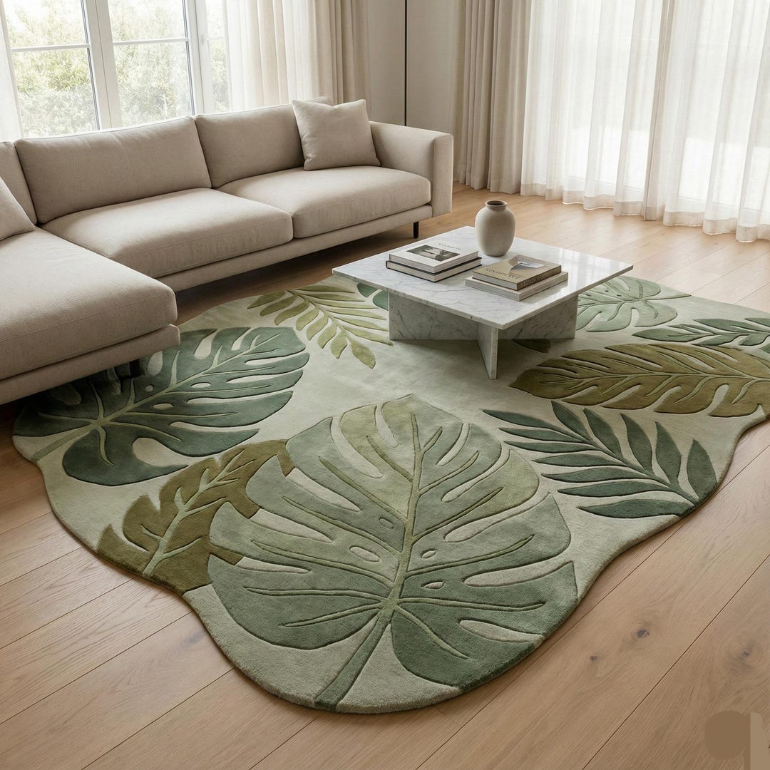 Hand-tufted Monstera Leaf Wool Rug | Botanical Green Designer Area Rug ...