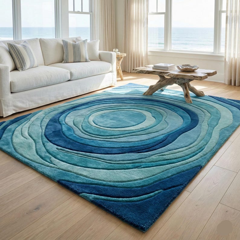 Hand-tufted Blue Contour Wool Rug | Modern Topographic Wave Area Rug ...
