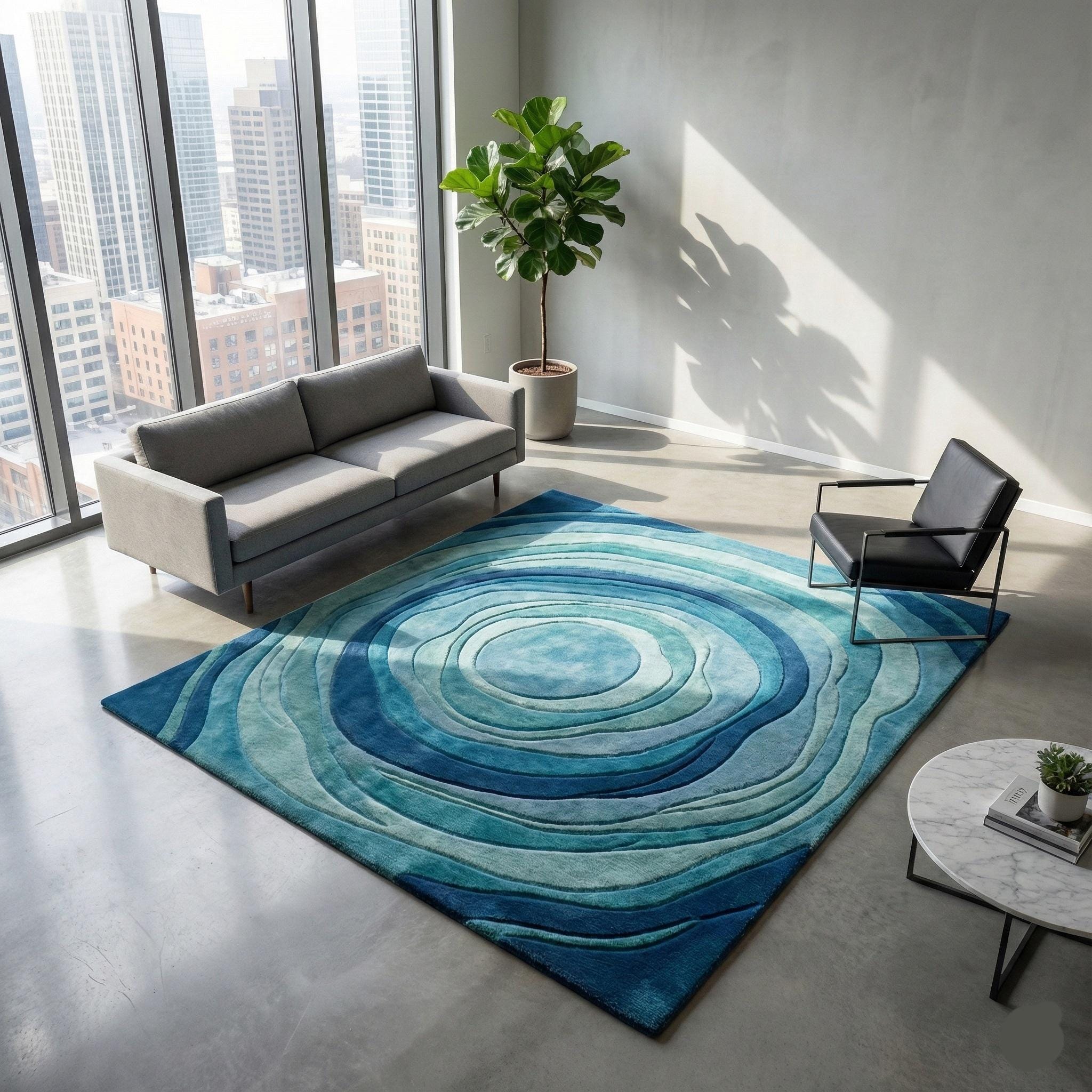 Hand-tufted Blue Contour Wool Rug | Modern Topographic Wave Area Rug ...