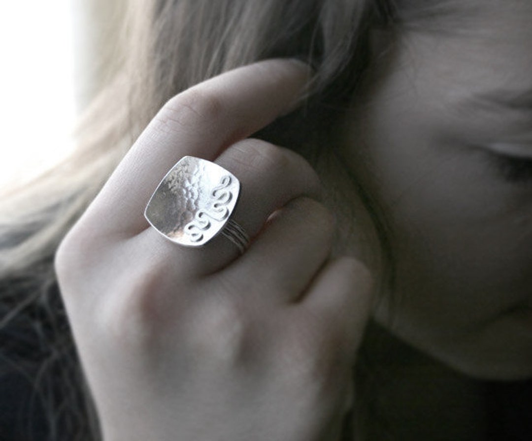 Bold Silver Ring Sterling Silver Ring Hammered Square Shaped Statement ...