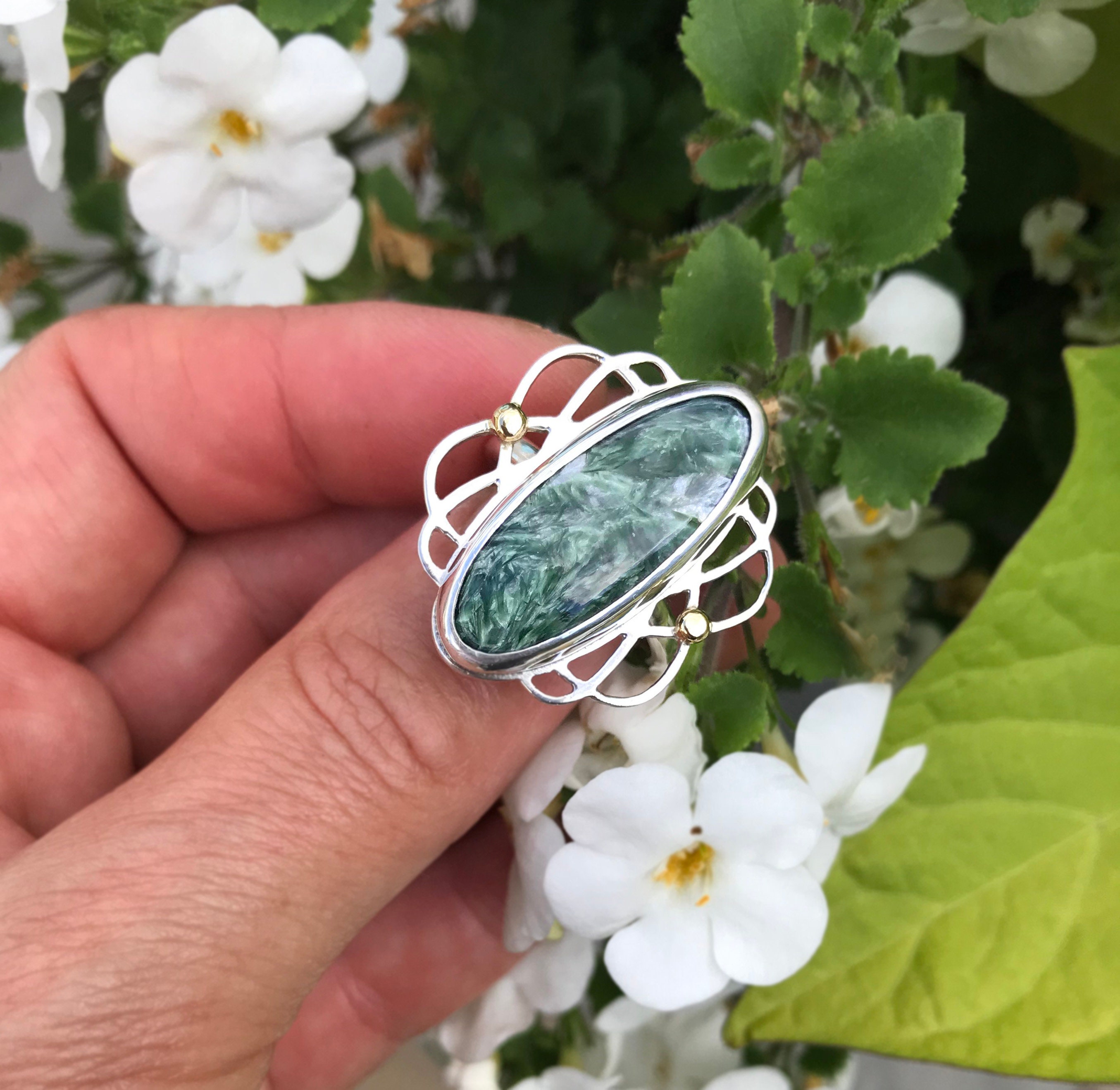 Seraphinite Gemstone Ring/mixed Metal Ring/open Work - Etsy Canada