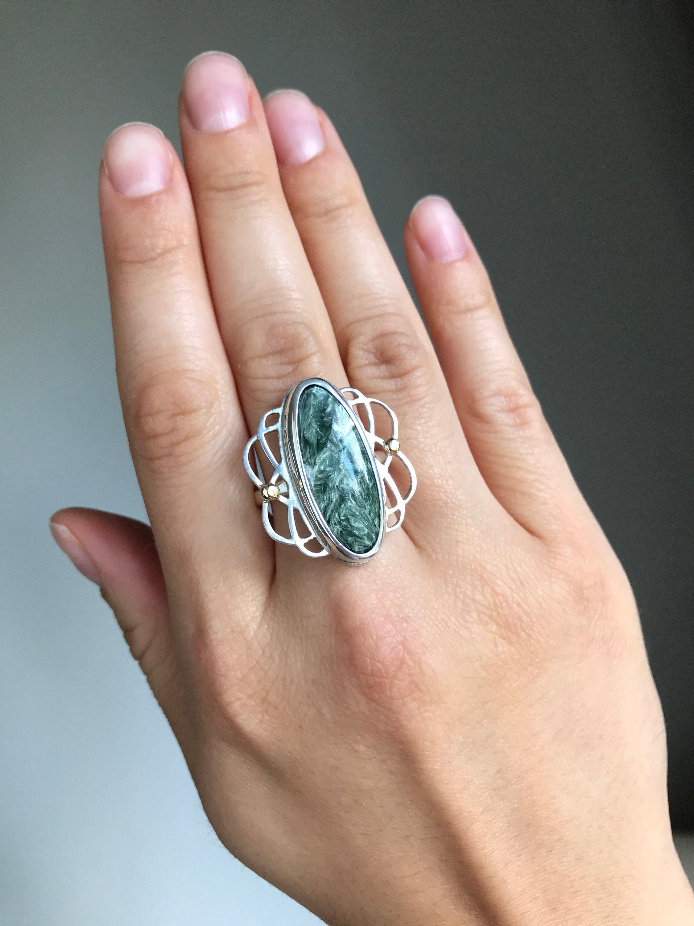 Seraphinite Gemstone Ring/mixed Metal Ring/open Work Ring/flower Ring ...