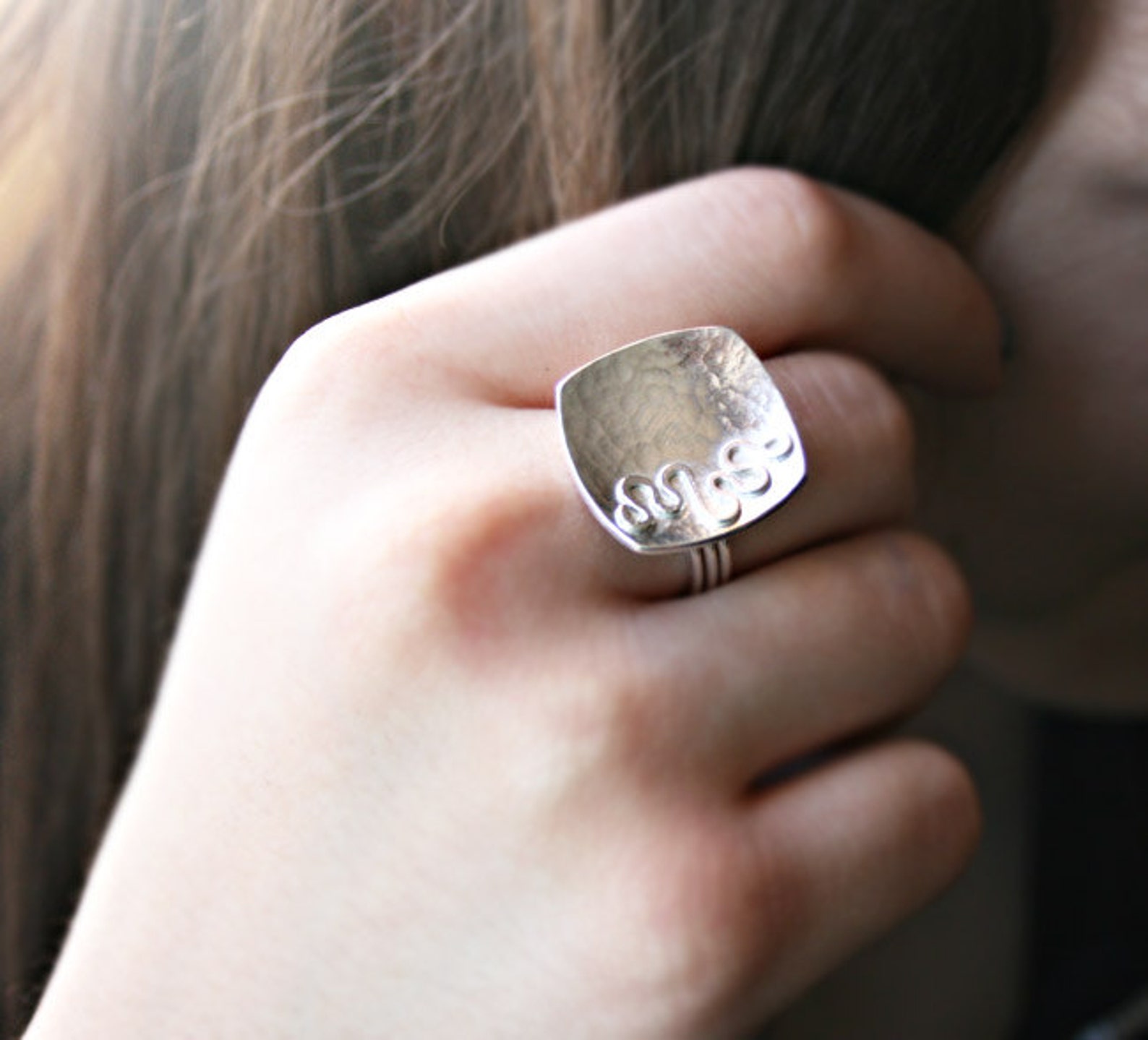 Bold Silver Ring Sterling Silver Ring Hammered Square Shaped - Etsy