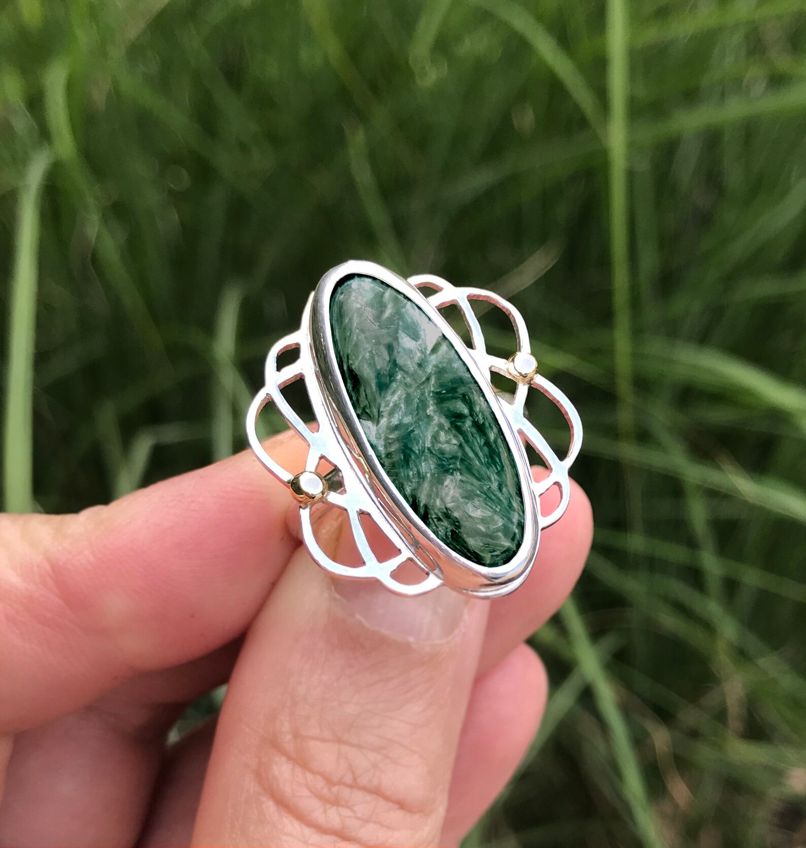 Seraphinite Gemstone Ring/mixed Metal Ring/open Work Ring/flower Ring ...