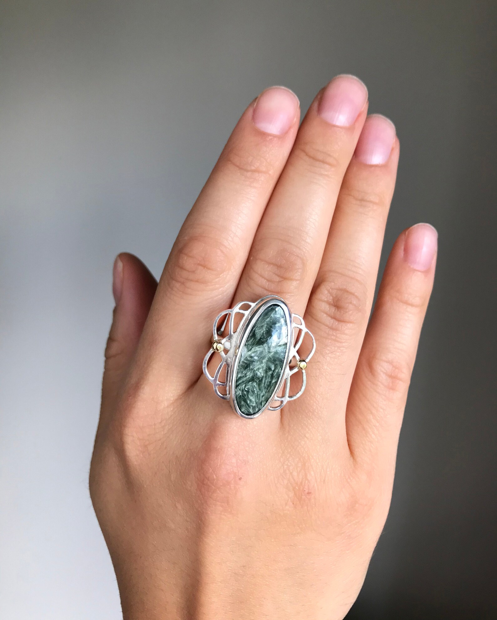 Seraphinite Gemstone Ring/mixed Metal Ring/open Work | Etsy Canada