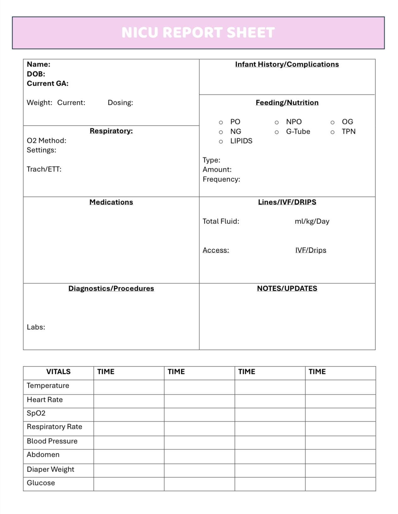NICU Daily Shift Report Sheet - Printable Digital Download BABY PINK - Etsy