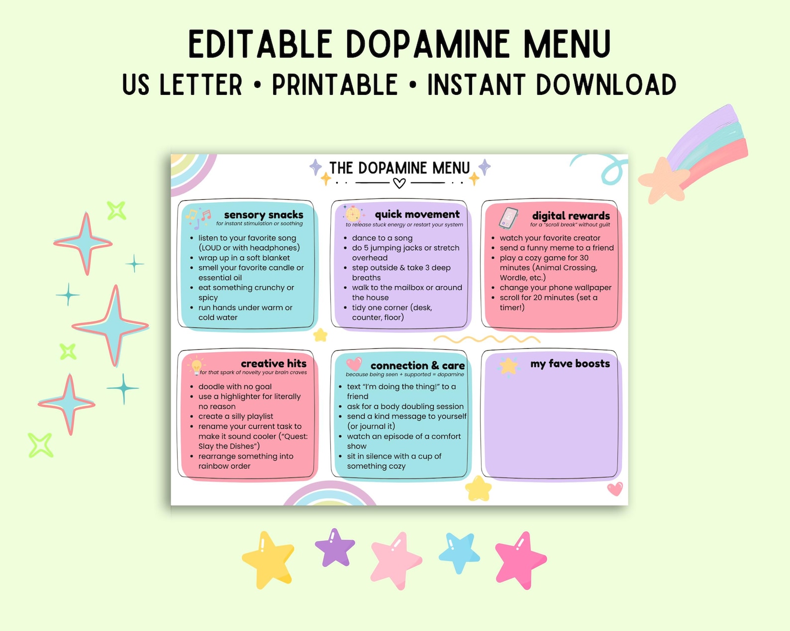 Editable Dopamine Menu: ADHD Printable Reward Chart (canva Template ...