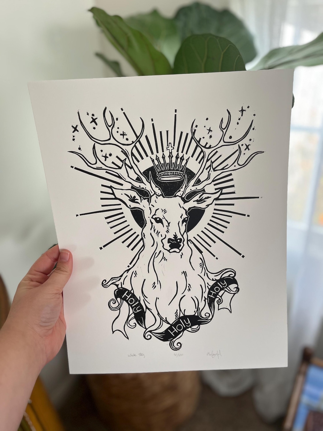 White Stag Block Print, Crowned Deer, Original Artwork (11x14 Inch) - Etsy