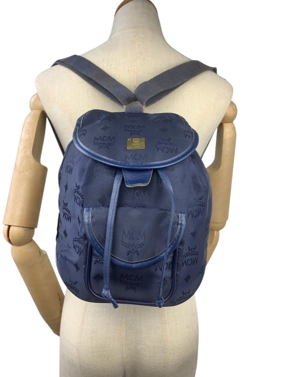 Vintage MCM Mini Backpack, Dark Blue Nylon Drawstring Bag-made in ...