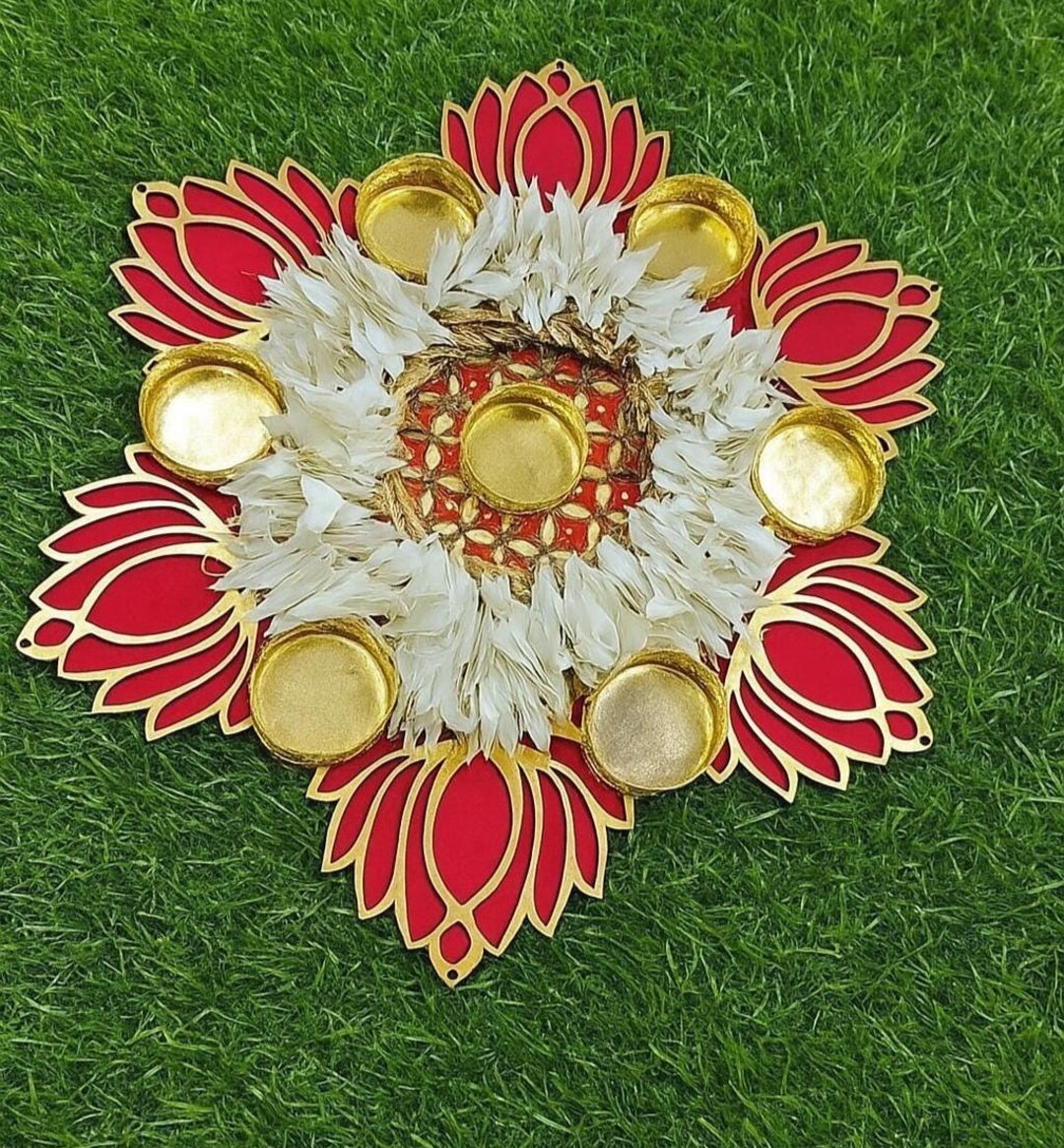 Assorted MDF Lotus Rangoli Set With Metal Candle Holders | Gota Work ...