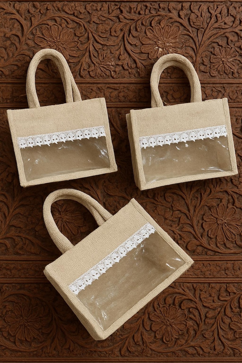 Eco-friendly Jute Gift Hamper Bag With Transparent Window Lace Trim ...