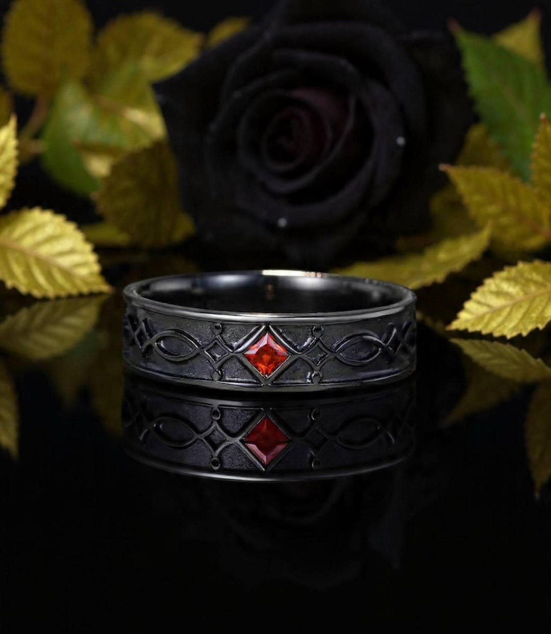 Unique Princess Cut Garnet Ring Gothic Black Gold Ring Vintage Gothic ...