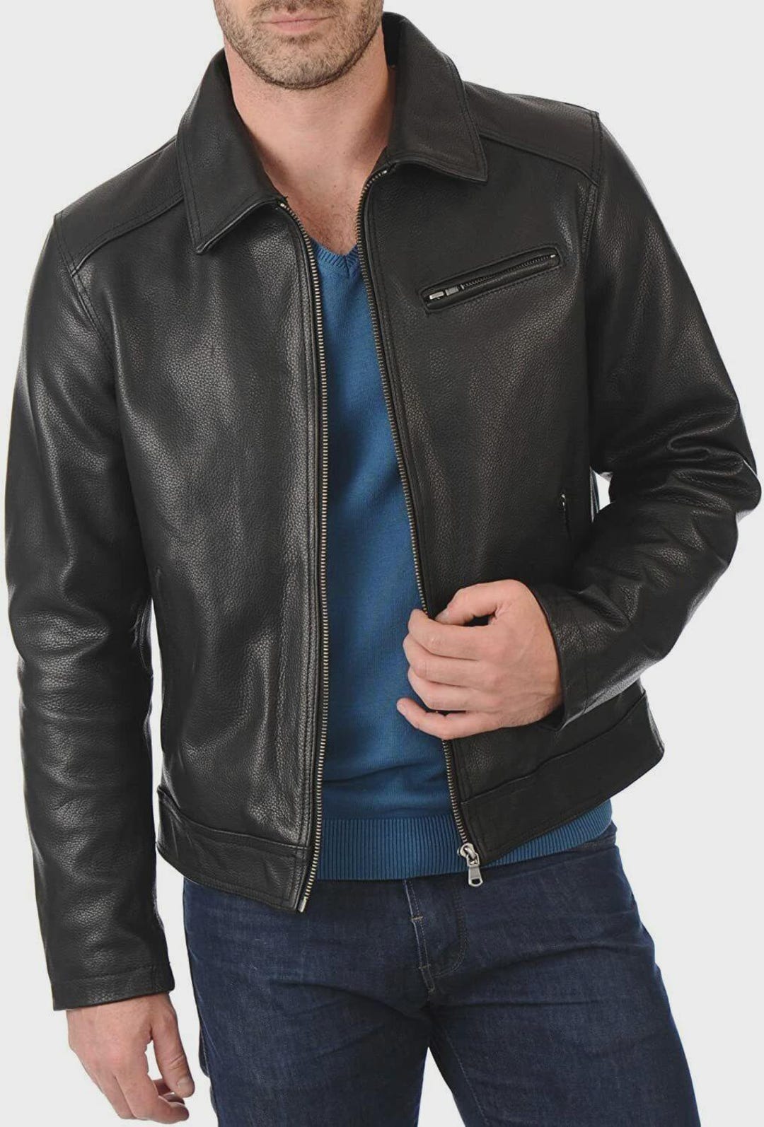 100% Hand Made Men’s Classic Black Leather Jacket – Genuine Cow, Sheep ...