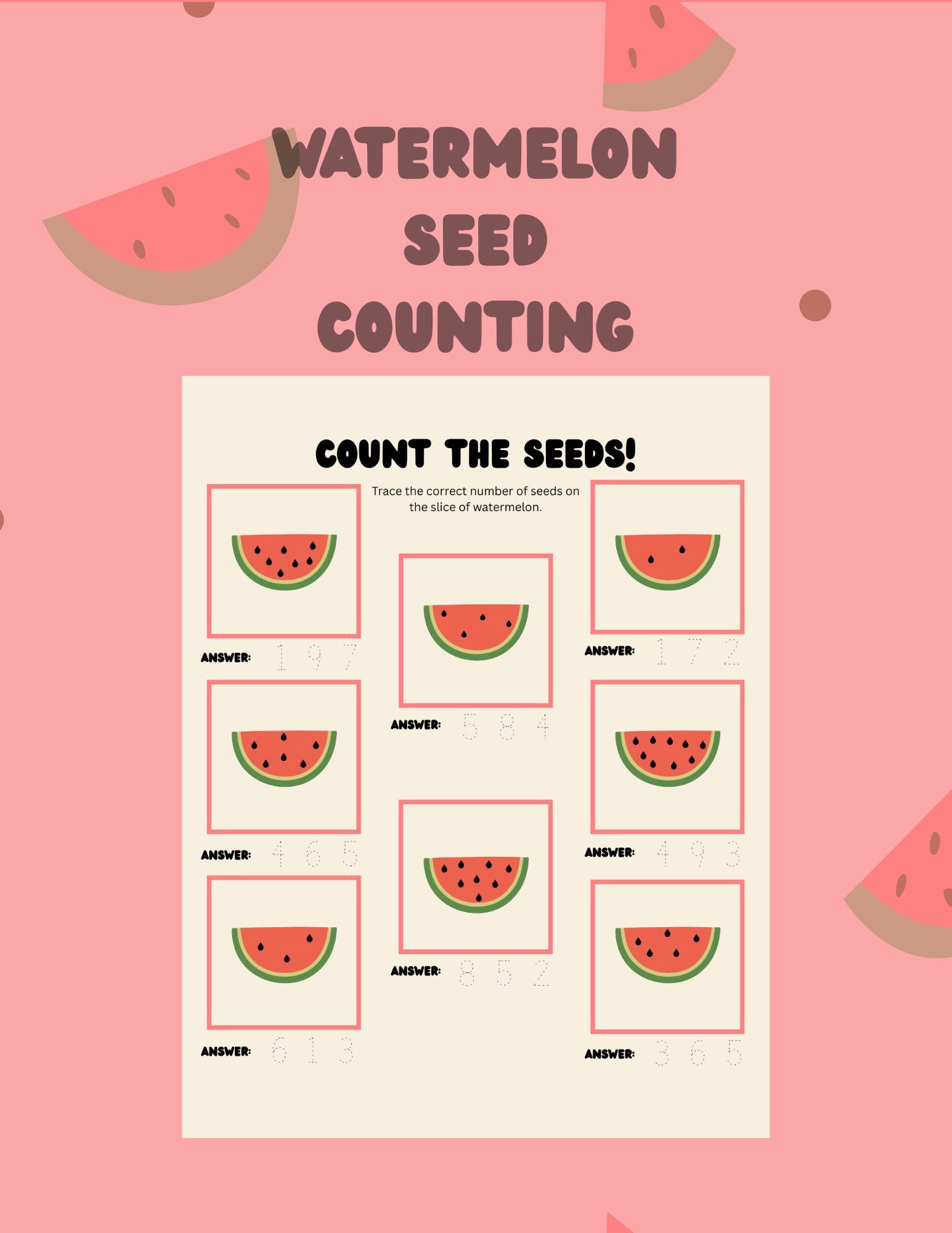 Watermelon Seed Counting Worksheet for Preschool | Summer Math Activity ...